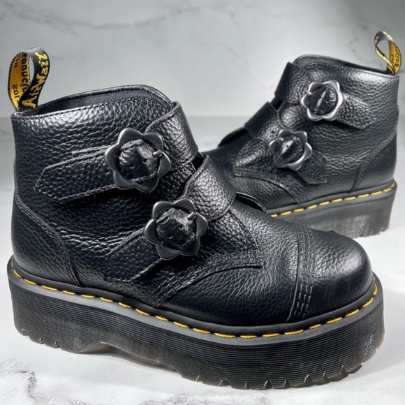 Dr. Martens | Shoes | Dr Martens Devon Flower Milled Nappa Black Leather Platform Combat Boots ...